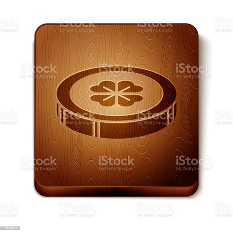 갈색 금화와 네 개의 잎 클로버 아이콘 흰색 배경에 격리 해피 세인트 패트릭의 날 나무 사각형 버튼입니다 벡터 일러스트레이션 0명에 대한 스톡 벡터 아트 및 기타 이미지