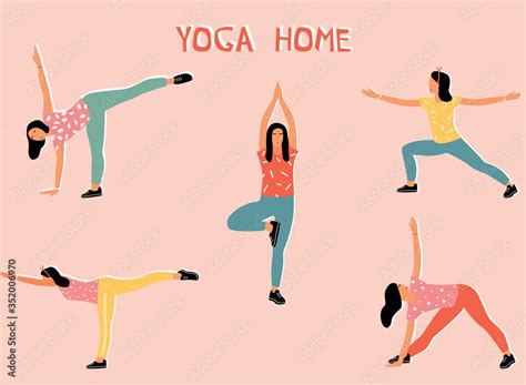 Vector Set With Woman Doing Yoga At Home Illustration With Mount Pose