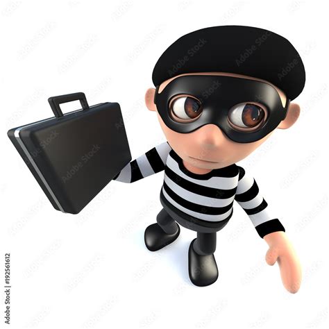 3d Funny Cartoon Burglar Thief Stealing A Briefcase Stock Illustration
