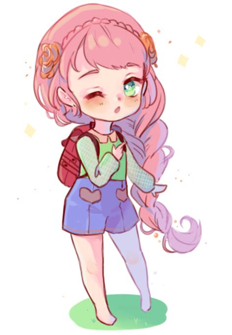 Safebooru 1girl O Backpack Bag Barefoot Blue Shorts Braid Chibi