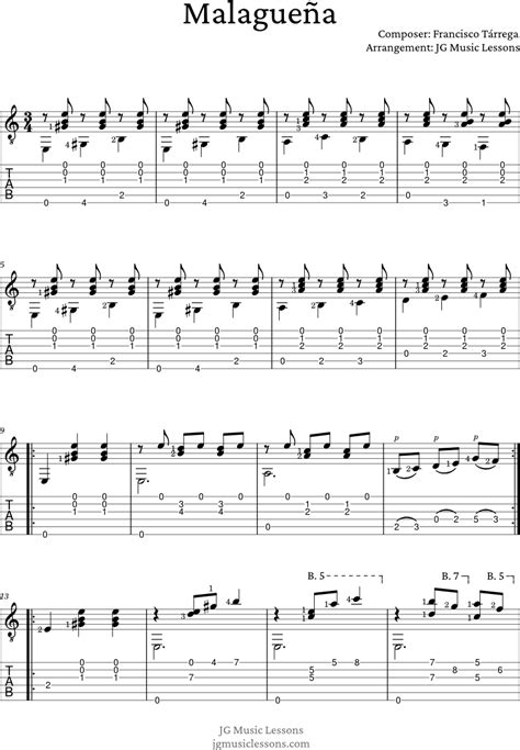 Malagueña By Tárrega Guitar Tabs Jg Music Lessons