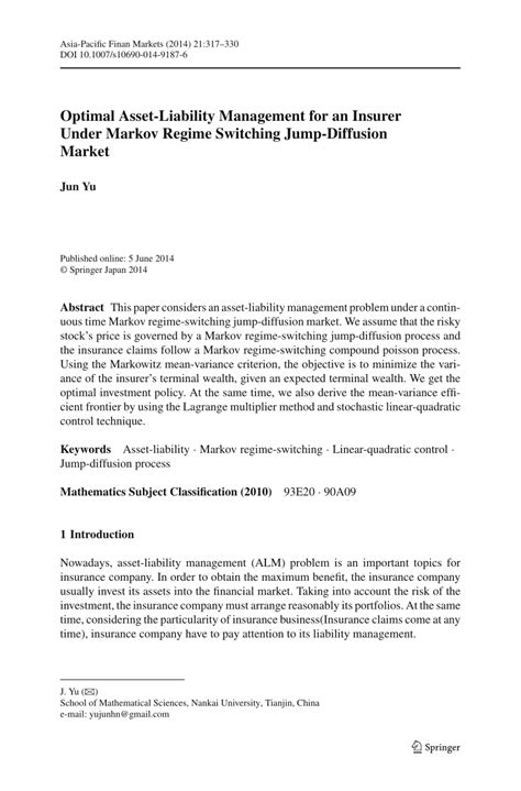pdf optimal asset liability management for an insurer under markov