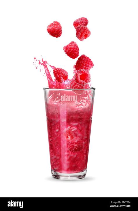 Fresh Raspberry Juice Splashing From Glass On White Background Stock