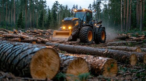 Logging Tractor In Forest With Stacked Logs Premium Ai Generated Image