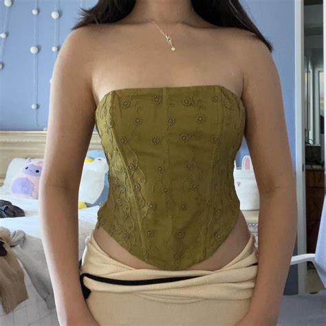 Green Corset Top With Floral Embroidery Depop