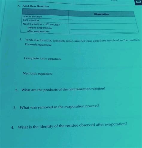 A Acid Base Reaction 1 Write The Formula StudyX