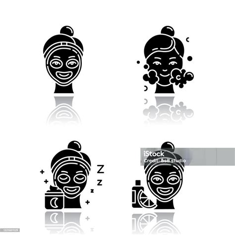 스킨 케어 절차는 그림자 검은 색 문양 아이콘 세트를 삭제합니다 야간 루틴 얼굴 미용 트리트먼트를 위한 비타민 C 크림 클렌저 물을 사용 하 여 스킨케어용 모이스처라이저