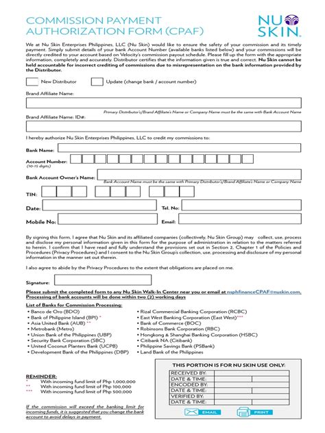 Cpaf Nu Skin Commission Payment Authorization Form Pdf Banking