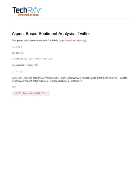 Pdf Aspect Based Sentiment Analysis Twitter