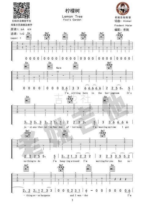 Lemon Tree 柠檬树 吉他谱 图片谱 弹唱 教学 老姚吉他 Fools Garden
