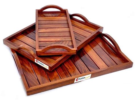 Craftykart Wooden Sheesham Wood Serving Tray Set 3 Standard Size Brown Craftykart