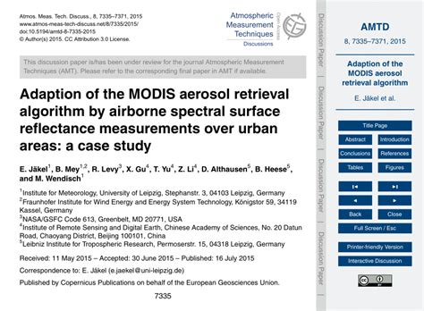Pdf Adaption Of The Modis Aerosol Retrieval Algorithm By Airborne Spectral Surface Reflectance