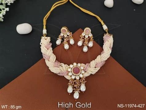 Kundan Jewelry High Gold Polish Designer Party Wear Clustered Pearl