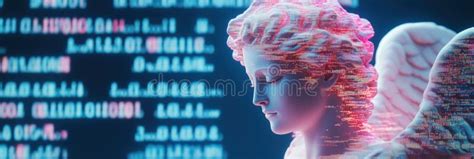 Digital Angel Statue With Binary Code Background Symbolizing Technology Stock Illustration