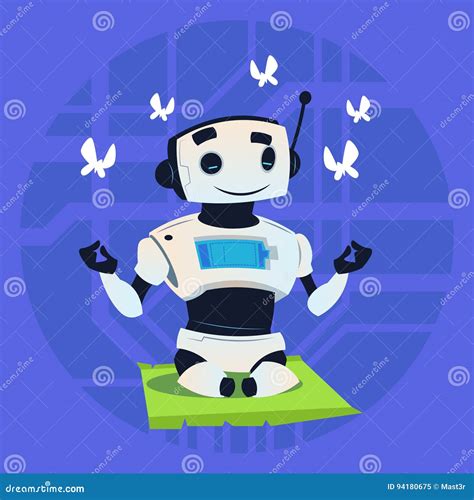 Cute Robot Happy Smiling Meditation Modern Artificial Intelligence Technology Concept Stock