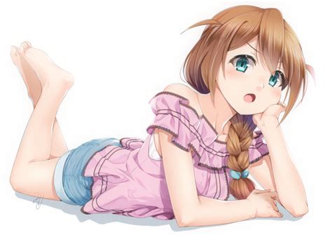 Safebooru 1girl Aqua Eyes Arm Support Baba Konomi Bangs Barefoot Blue