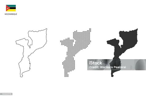 얇은 블랙 윤곽선 단순 스타일 블랙 닷 스타일과 다크 섀도우 스타일에 의해 모잠비크지도 도시 벡터의 3 버전 모든 흰색 배경에