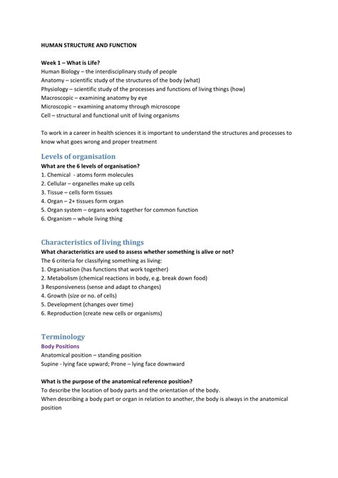 Human Structure And Function Notes Humb1000 Human Structure And Function Curtin Thinkswap