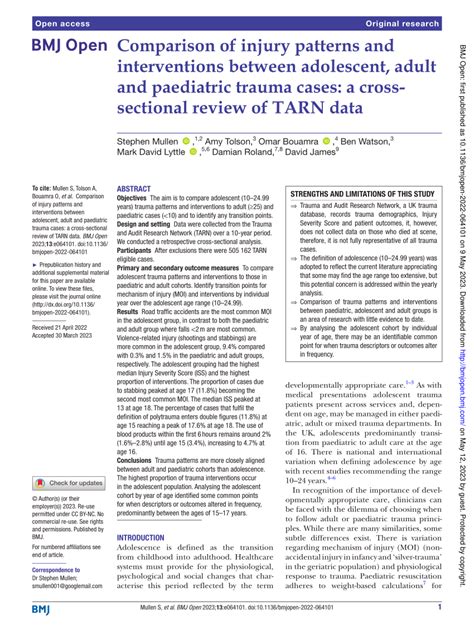 PDF Comparison Of Injury Patterns And Interventions Between Adolescent Adult And Paediatric