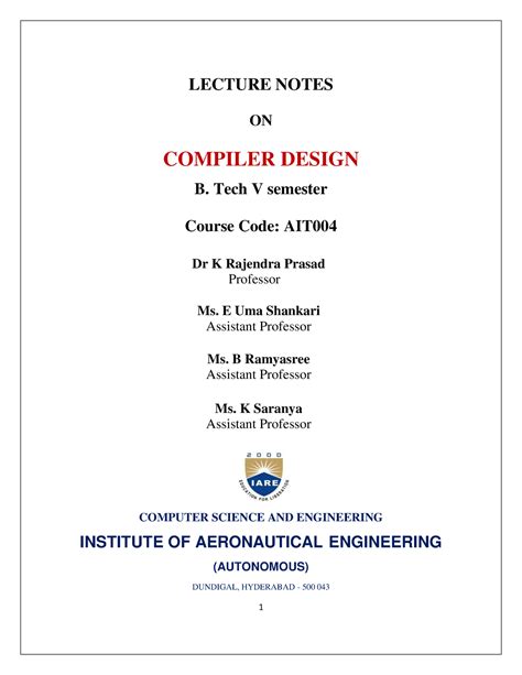 Notes Sem Lecture Notes On Compiler Design B Tech V Semester Course Code Ait Dr K