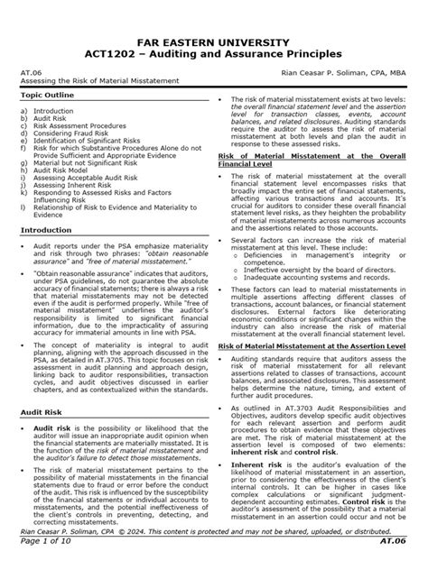 At 06 Assessing The Risk Of Material Misstatement Pdf Audit Internal Control