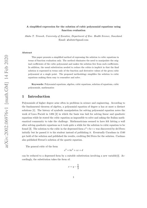 PDF A Simplified Expression For The Solution Of Cubic Polynomial Equations Using Function