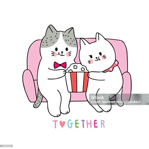 만화 귀여운 발렌타인 데이 흰색 고양이 애호가 먹는 팝콘 벡터입니다 고양이 새끼에 대한 스톡 벡터 아트 및 기타 이미지