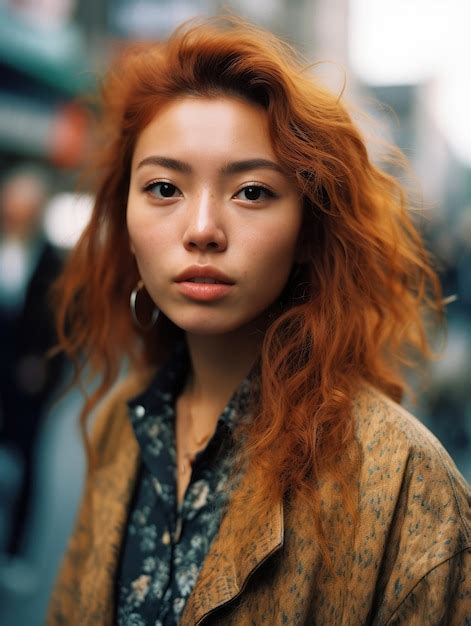 Premium Photo Street Style Photo Of A Gorgeous Redhead Asian Woman Generative Ai