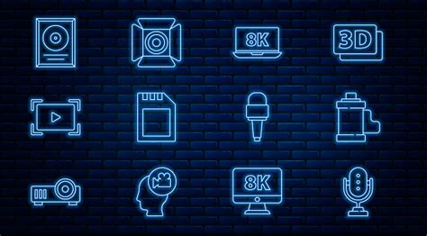 라인 마이크 카메라 필름 롤 카트리지 8k가 있는 노트북 Sd 카드 온라인 플레이 비디오 Cd 디스크 수상 프레임 및 영화 스포트라이트 아이콘을 설정합니다 벡터 0명에 대한