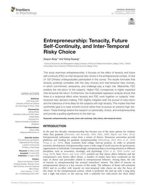 Pdf Entrepreneurship Tenacity Future Self Continuity And Inter Temporal Risky Choice