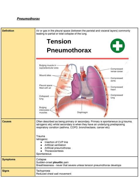 Pneumothorax Lecture Notes Year 4 Respiratory Pneumothorax Definition Air Or Gas In The