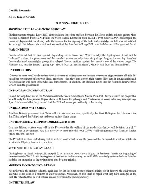 2018 Sona Highlights Pdf Rodrigo Duterte Philippines