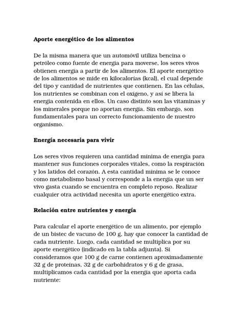 Aporte Energético De Los Alimentos Pdf Nutrientes Energía Renovable