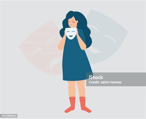 정신 분열증 질환과 분열 된 성격을 가진 소녀 정신 분열증 여성은 행복하고 슬픈 가면으로 양극성 장애를 앓고 있습니다 조울증에