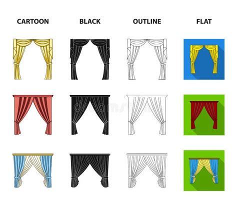 Different Types Of Window Curtains Curtains Set Collection Icons In Cartoon Black Outline Flat