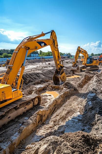 Premium Photo Two Yellow Excavators Are Digging A Trench In The Construction Site