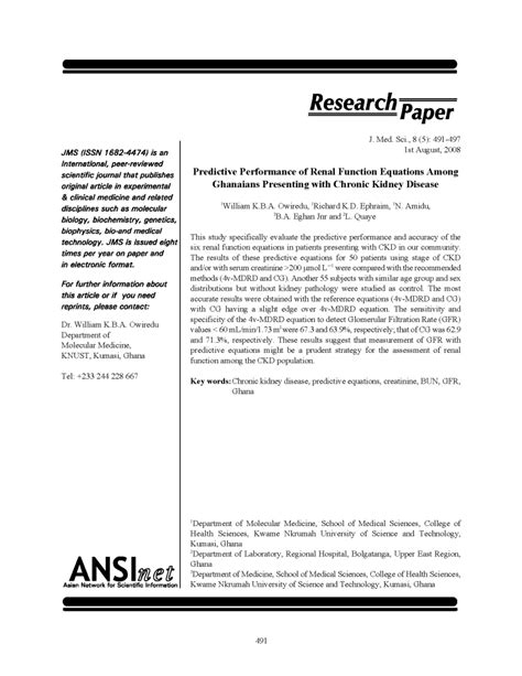 Pdf Predictive Performance Of Renal Function Equations Among