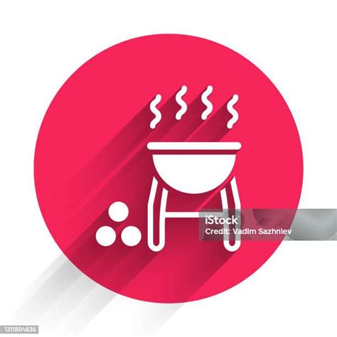 긴 그림자로 고립 된 화이트 바베큐 그릴 아이콘 바베큐 그릴 파티 빨간색 원 버튼입니다 벡터 고기에 대한 스톡 벡터 아트 및 기타 이미지 Istock