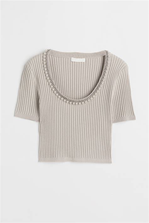 Rhinestone Embellished Rib Knit Top Light Taupe Ladies Handm Us