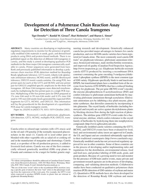 Pdf Development Of A Polymerase Chain Reaction Assay For Detection Of Three Canola Transgenes