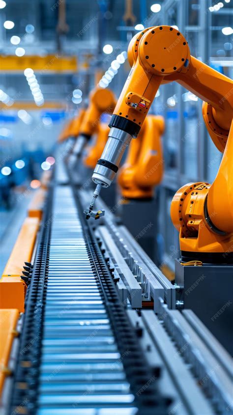 Modern Automated Factory With Robotic Arms On Assembly Line Premium