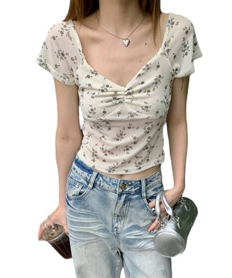 플라워 잔꽃무늬 셔링 스퀘어넥 반팔 골지 크롭탑 에이블리