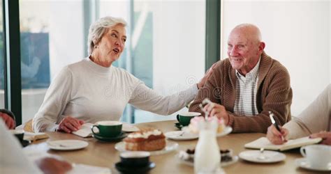 Lunch Talking And Old Man In Group Nostalgia And Cake For Tea Party