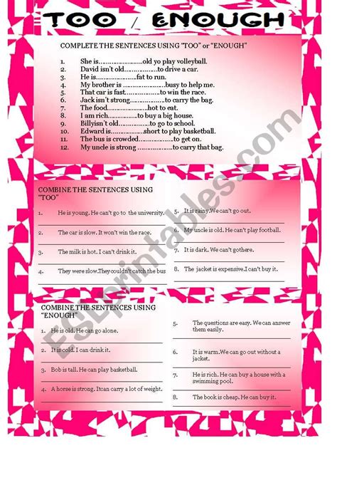 Too Adjective To Adjective Enough To Esl Worksheet By Nergisumay