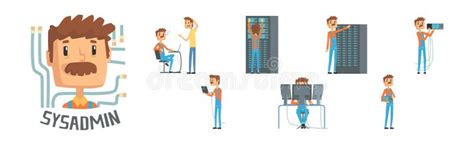 Funny Male Sysadmin Character Work With Server Vector Set Stock Vector Illustration Of