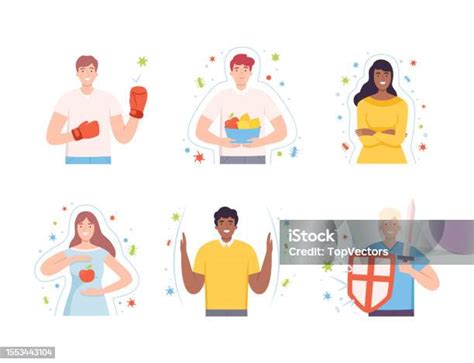 병원균과 세균 벡터 일러스트레이션 세트에 대한 보이지 않는 장벽을 가진 젊은 남성과 여성 개체 그룹에 대한 스톡 벡터 아트 및