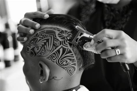A Woman Meticulously Cutting A Mans Hair With Scissors To Create Intricate Designs And Patterns