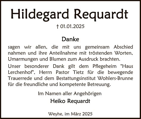 Traueranzeigen Von Hildegard Requardt Trauer Kreiszeitung De