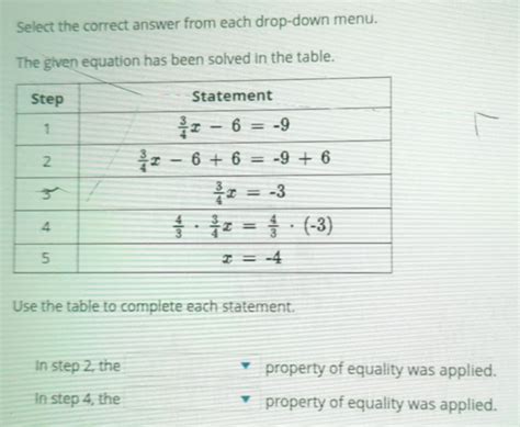 Select The Correct Answer From Each Drop Down Menu The Given Equation Has Been Solved In The