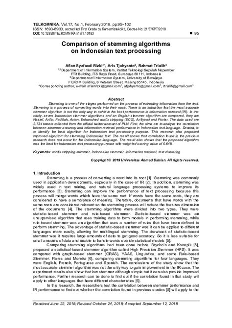Pdf Comparison Of Stemming Algorithms On Indonesian Text Processing